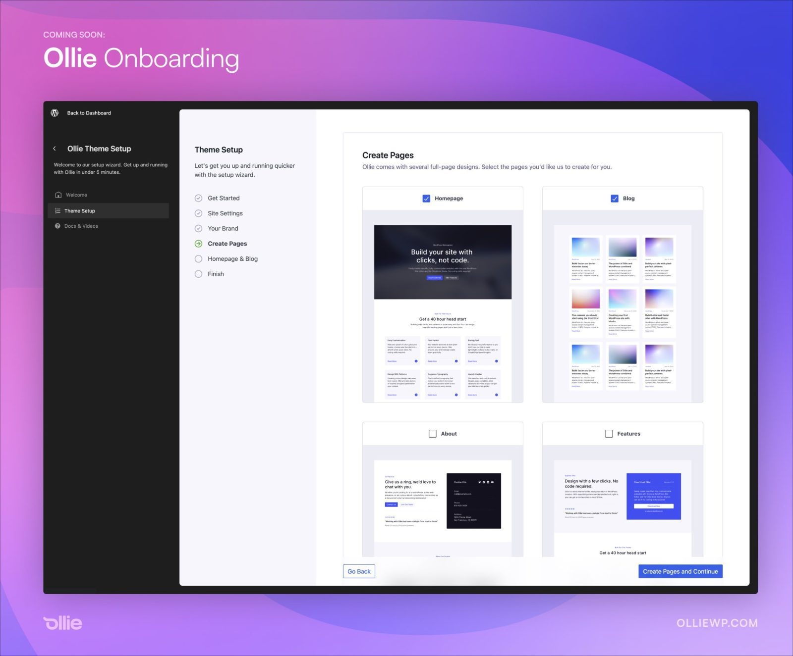 Ollie Theme Previews New Onboarding Wizard in Development | BytePlate Brand